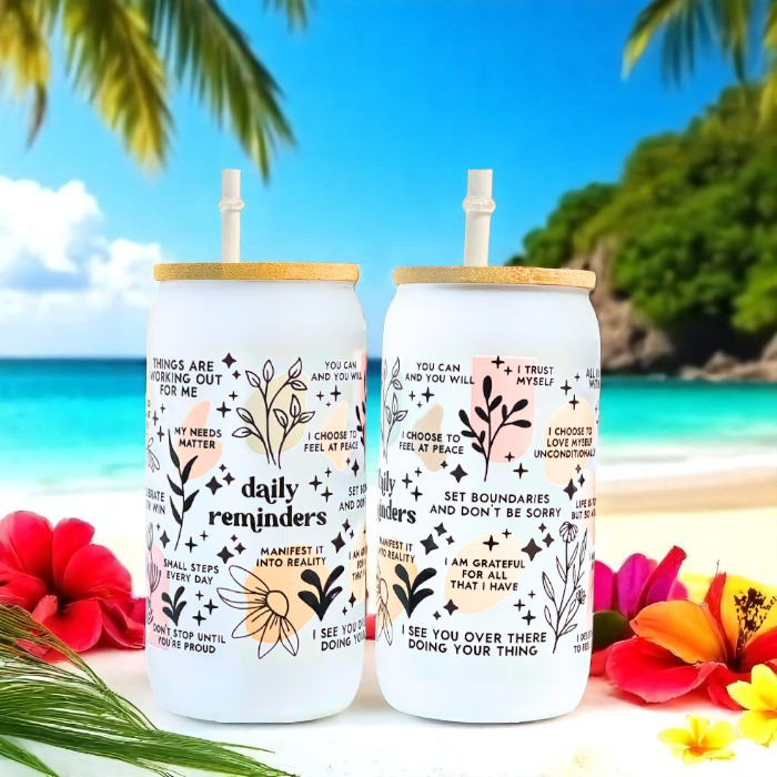 Daily Reminders Motivational Glass Tumbler with Straw 16 oz - My Beauty ...